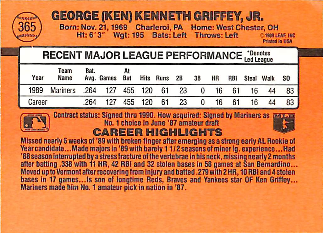 1990 Donruss Ken Griffey Jr. Baseball Error Card #61 - Error Card - Mi ...