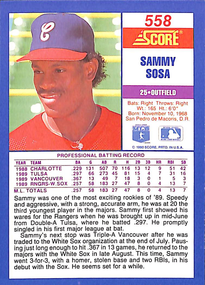 1990 Score Sammy Sosa MLB Baseball Error Card #558 - Error Card - Mint ...